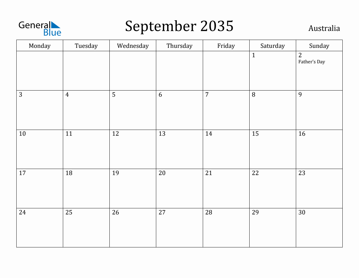 September 2035 - Australia Monthly Calendar with Holidays