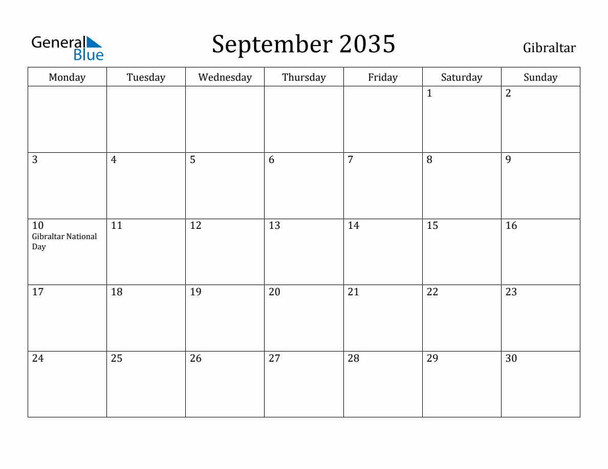 September 2035 - Gibraltar Monthly Calendar with Holidays