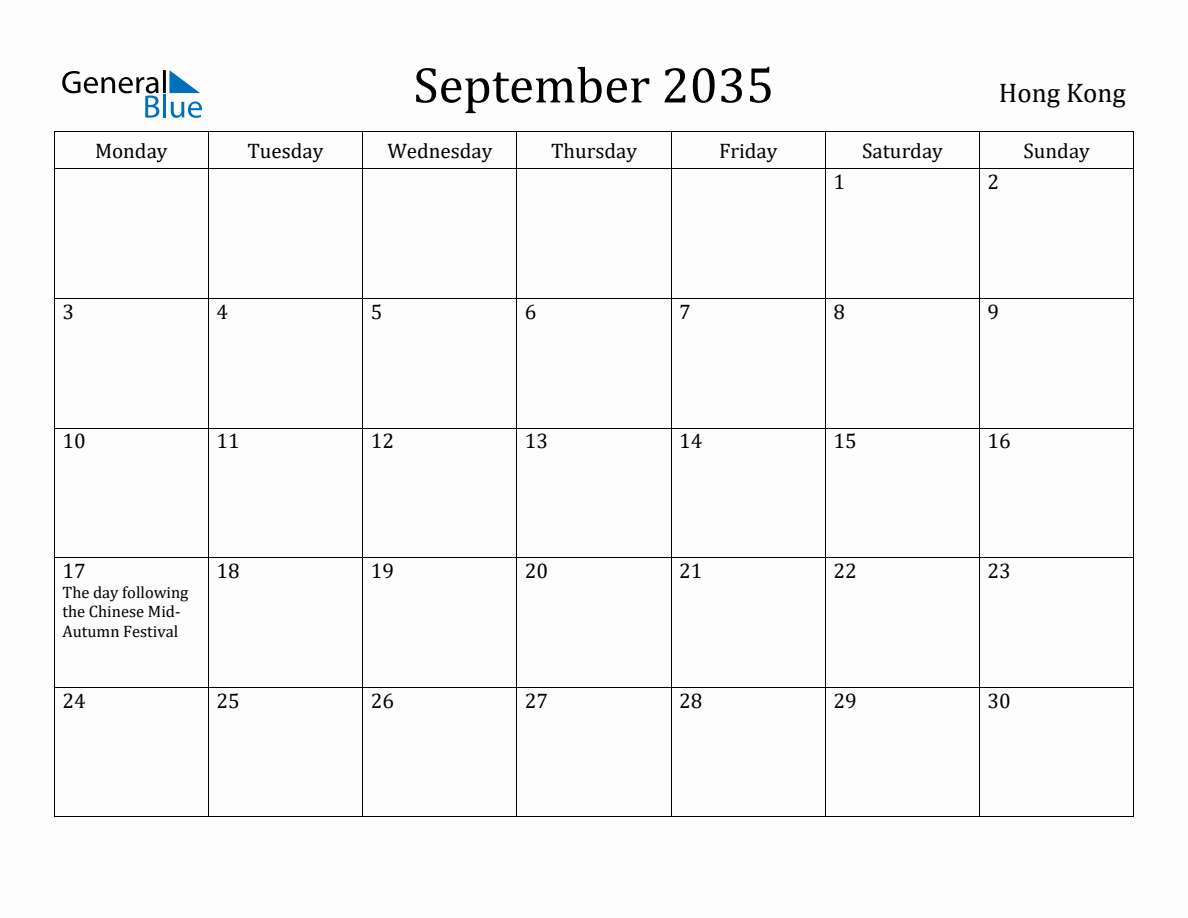 Hong Kong Monthly Calendar - September 2035 (Monday Start)