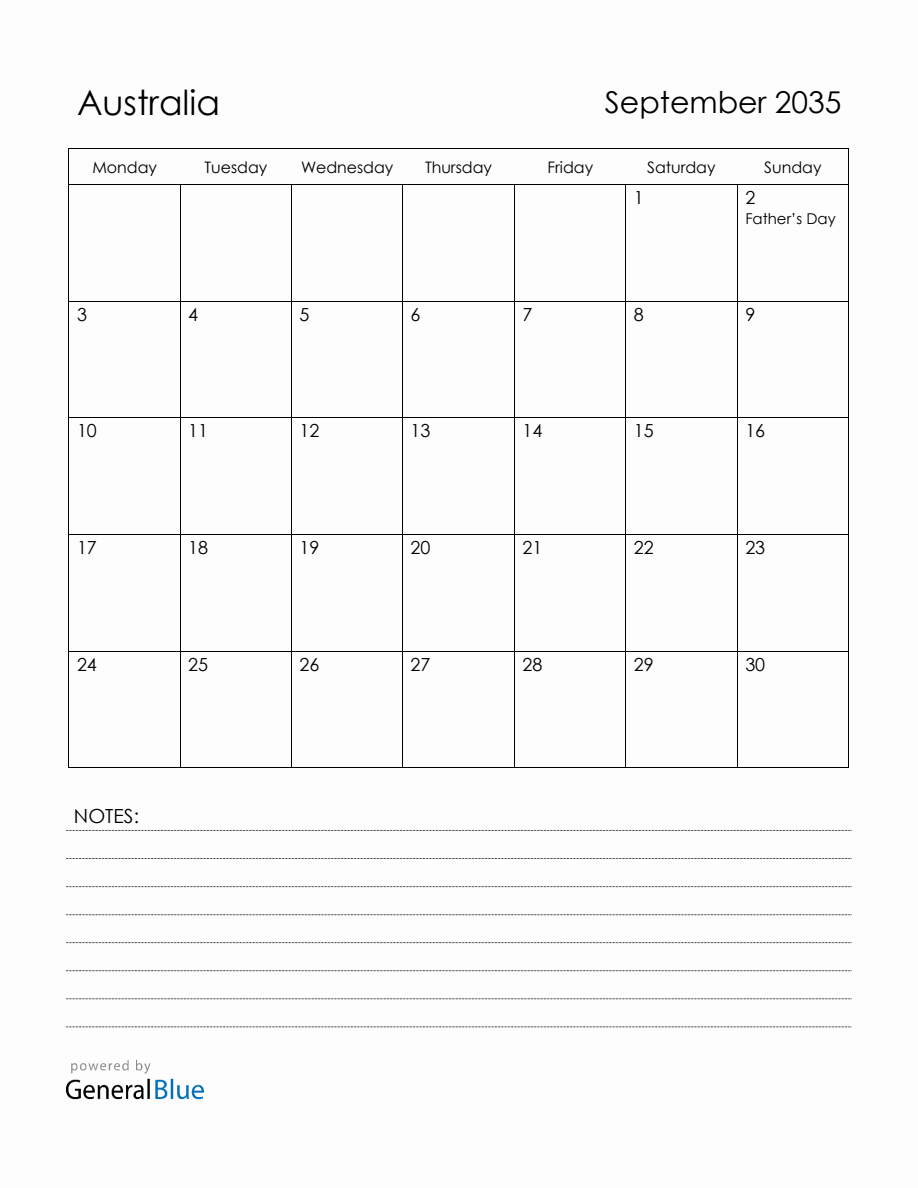 September 2035 Australia Calendar with Holidays (Monday Start)