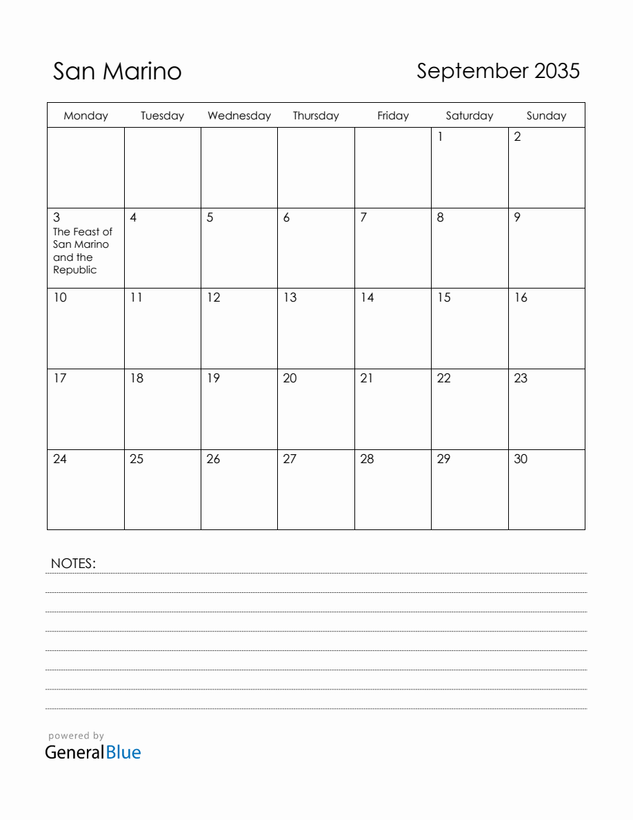 September 2035 San Marino Calendar with Holidays