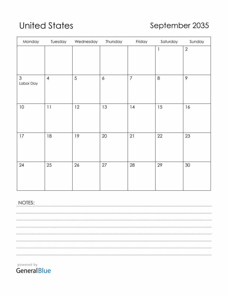 September 2035 United States Calendar with Holidays