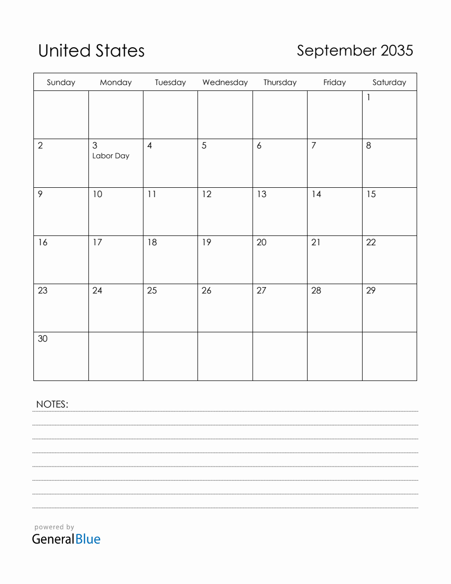September 2035 United States Calendar with Holidays