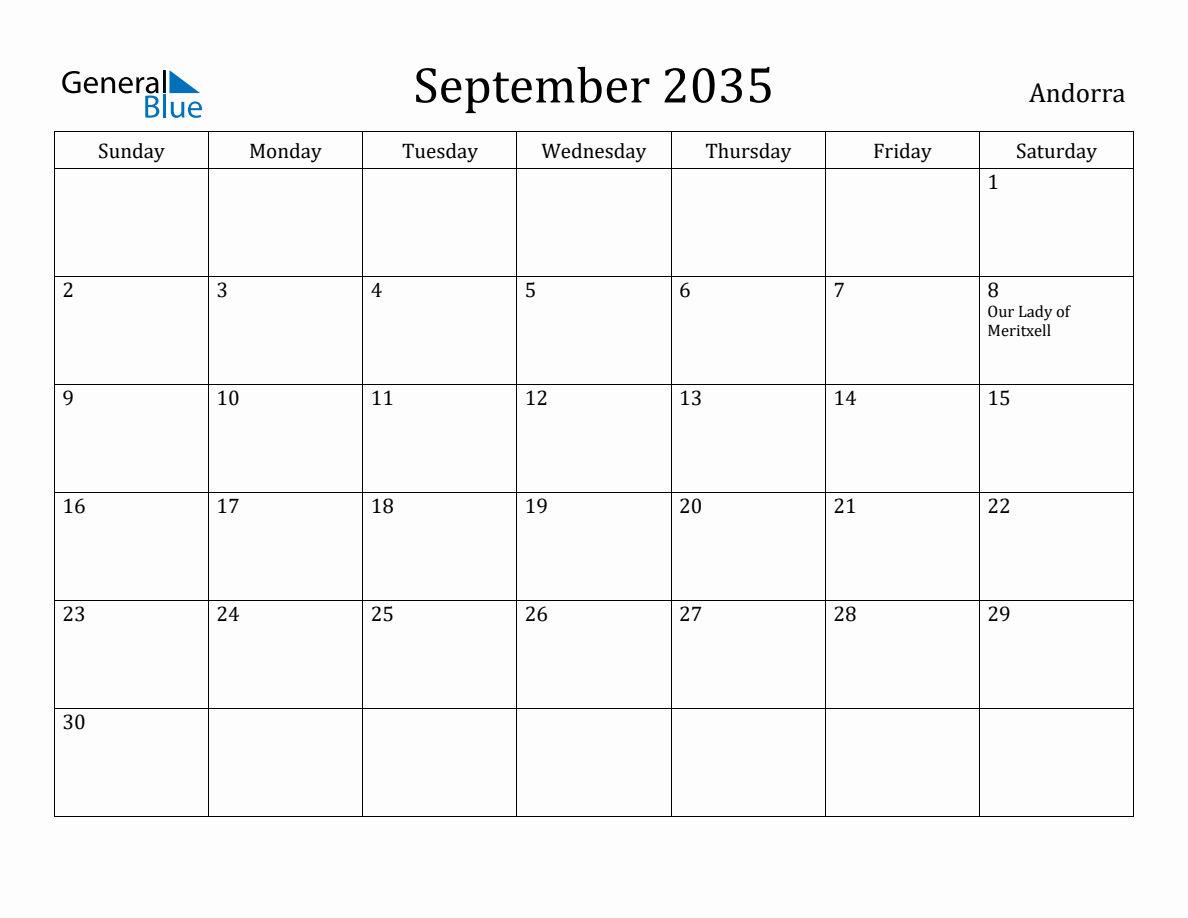 September 2035 Monthly Calendar with Andorra Holidays