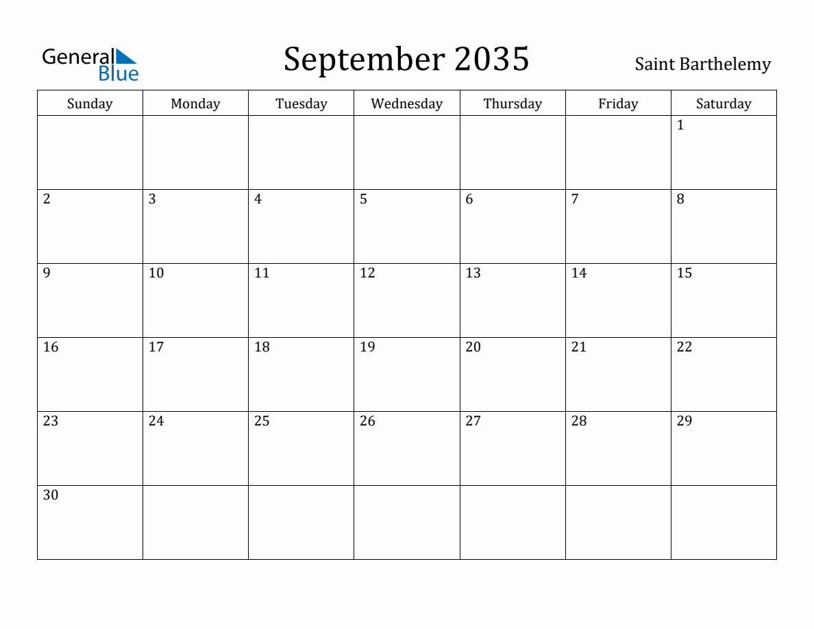 September 2035 Monthly Calendar with Saint Barthelemy Holidays