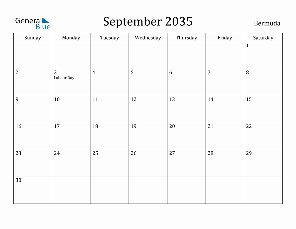 September 2035 Monthly Calendar with Bermuda Holidays
