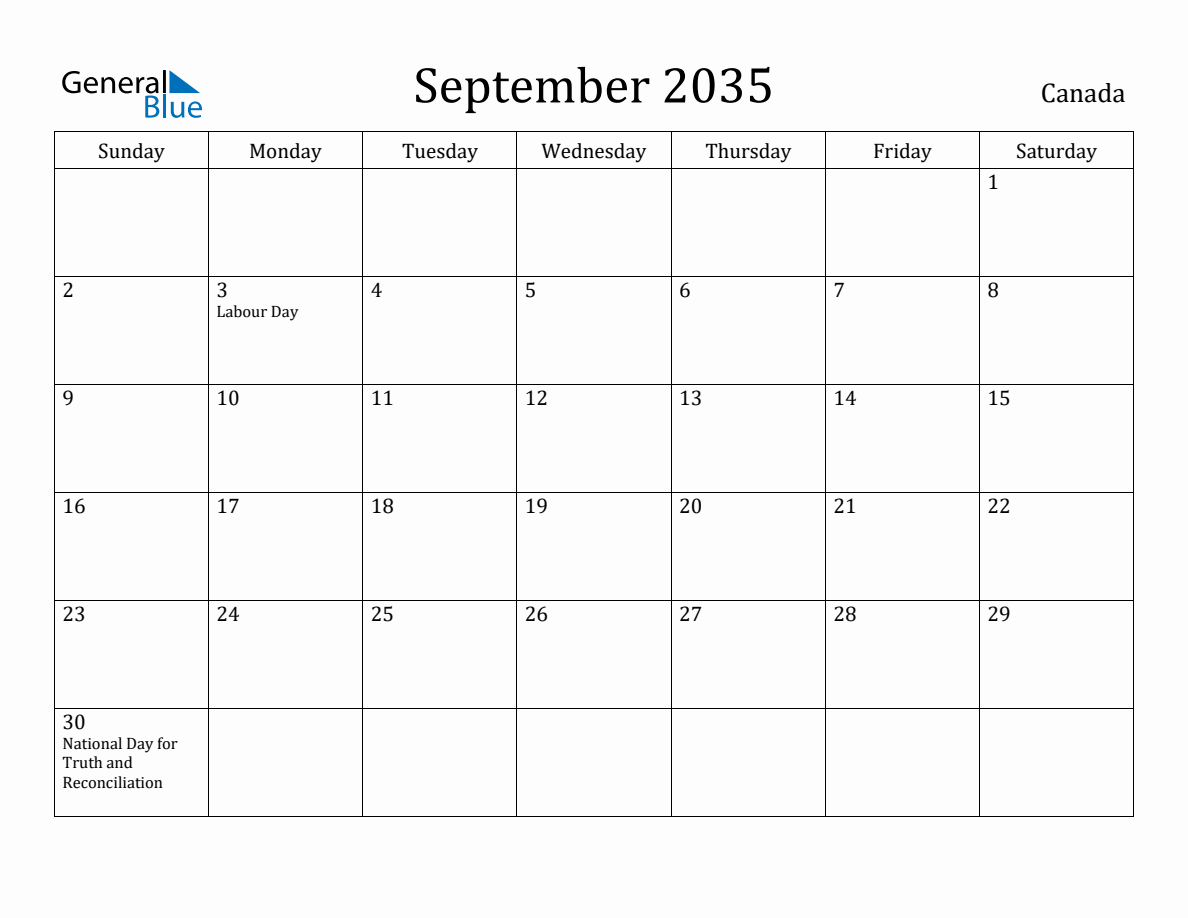 September 2035 Monthly Calendar with Canada Holidays