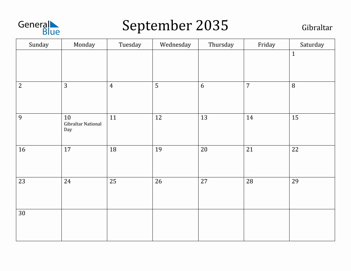 September 2035 Monthly Calendar with Gibraltar Holidays