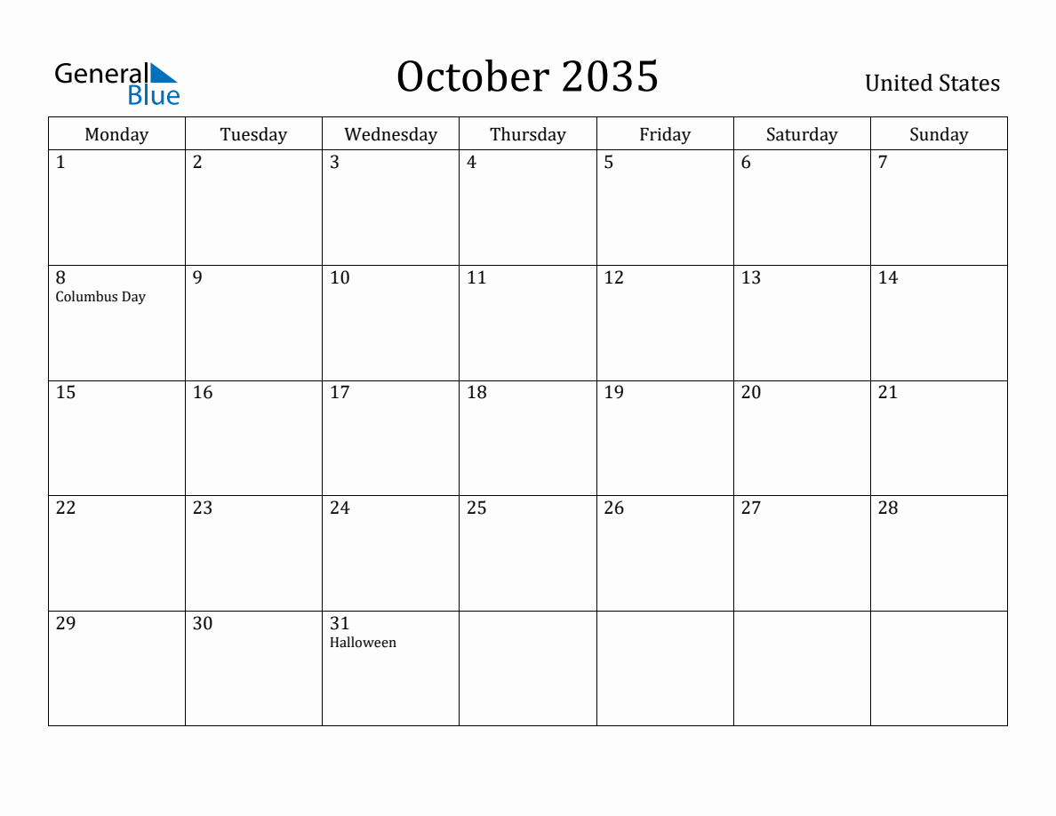 October 2035 Monthly Calendar with United States Holidays (Monday Start)