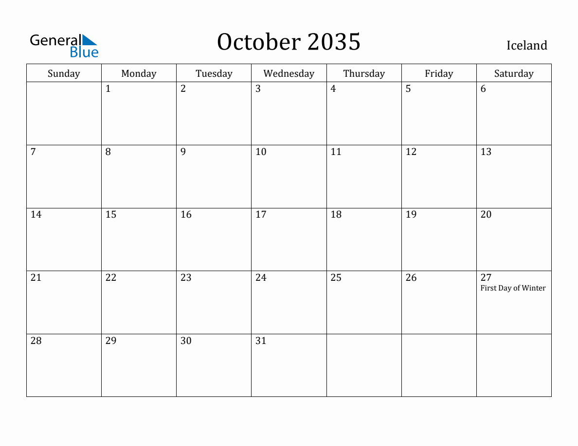 October 2035 Monthly Calendar with Iceland Holidays