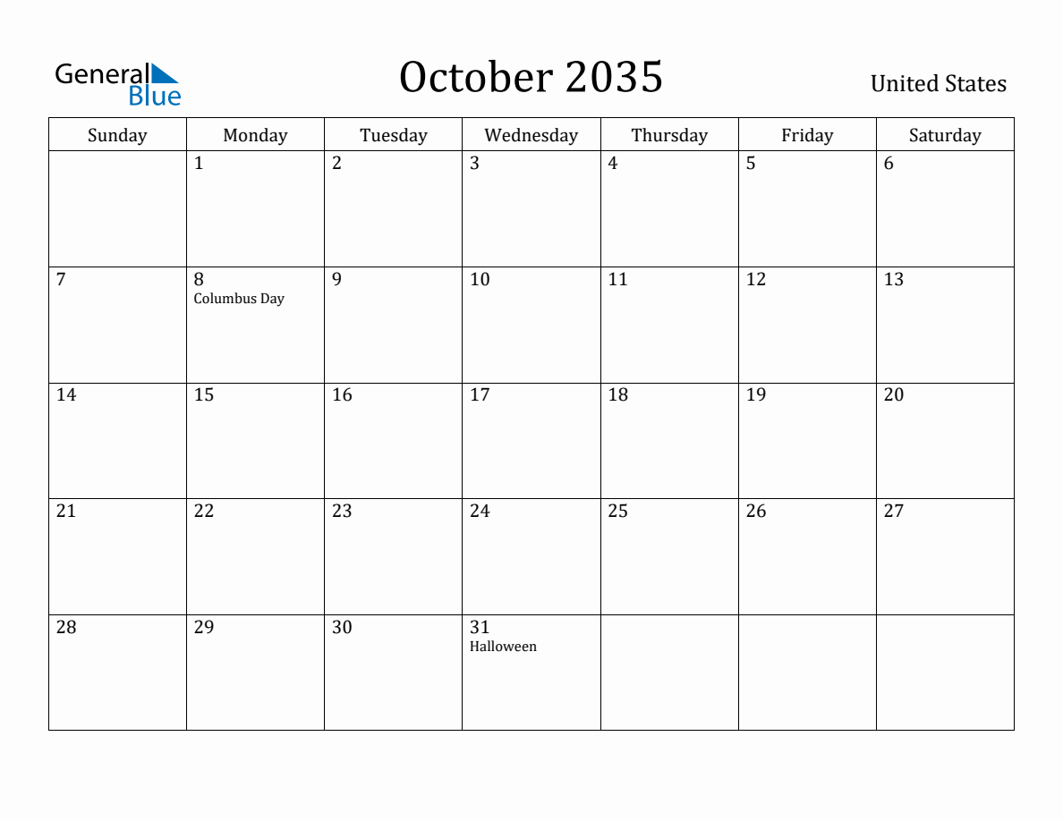 October 2035 Monthly Calendar with United States Holidays
