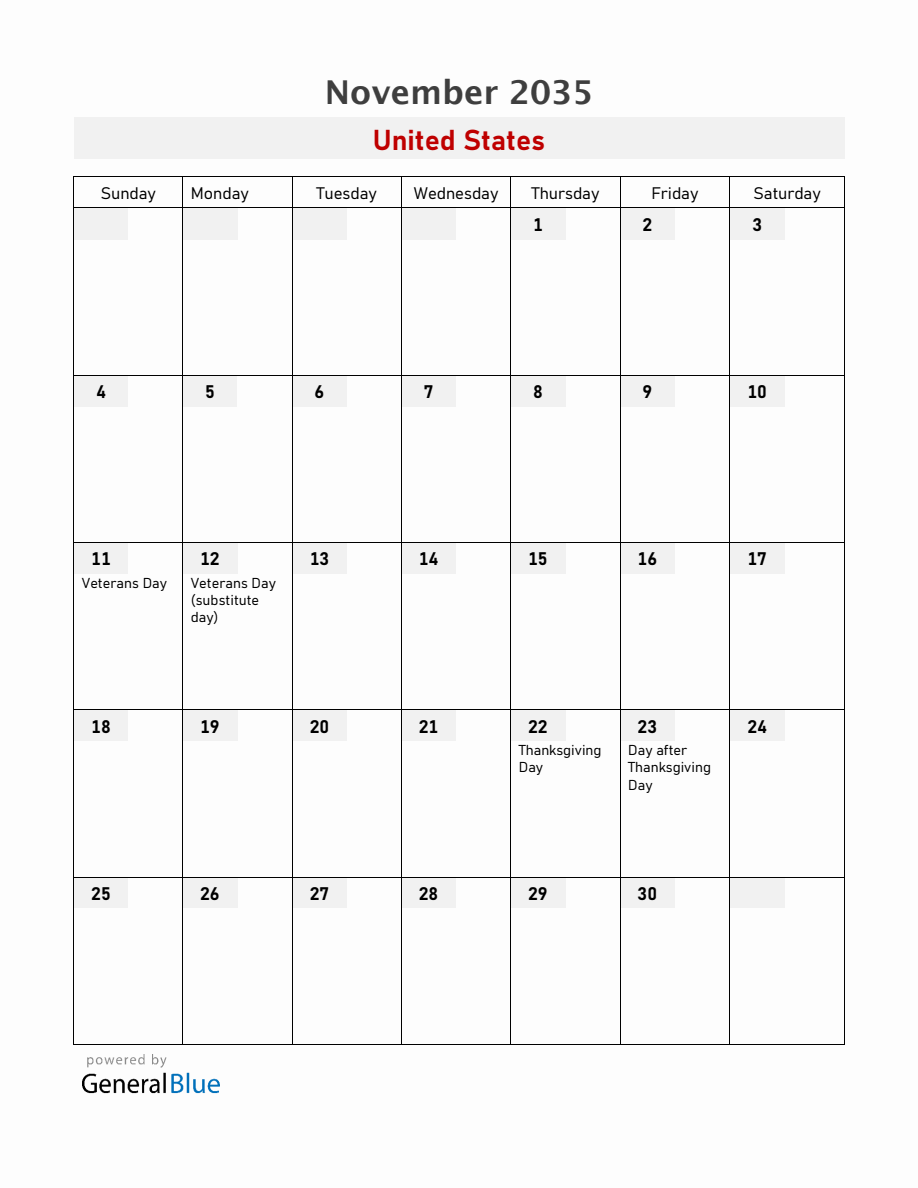United States November 2035 Calendar with Holidays