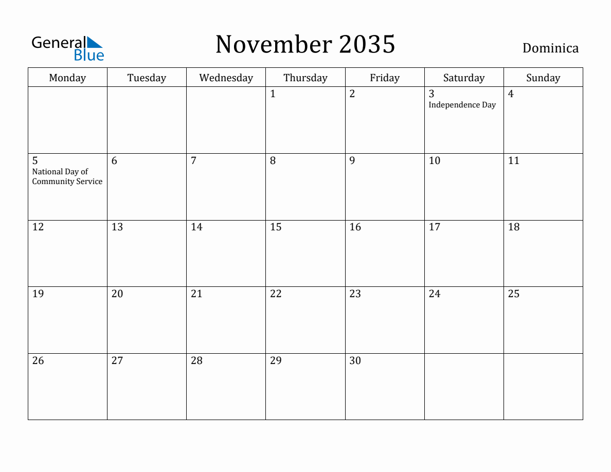 November 2035 Monthly Calendar with Dominica Holidays