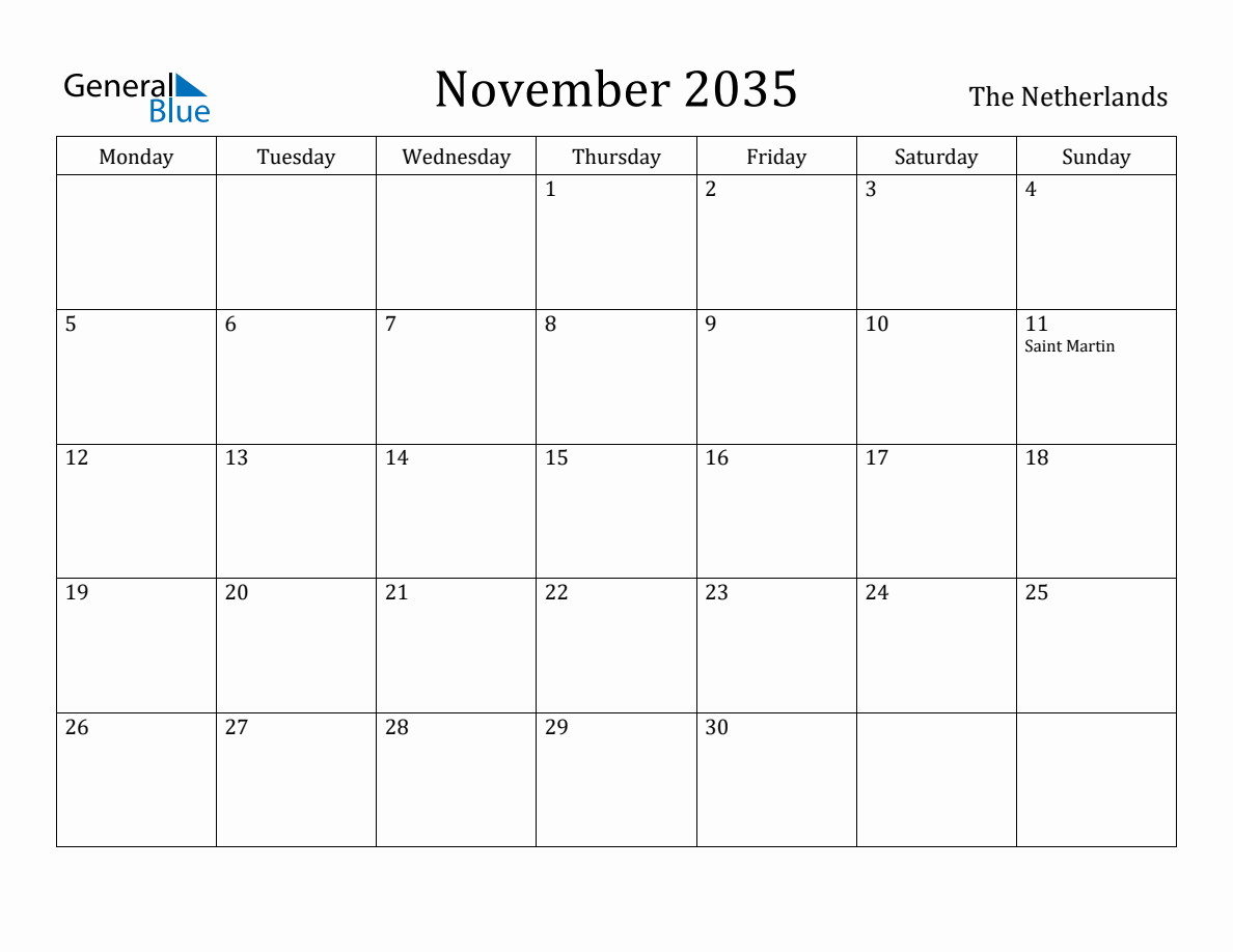November 2035 - The Netherlands Monthly Calendar with Holidays