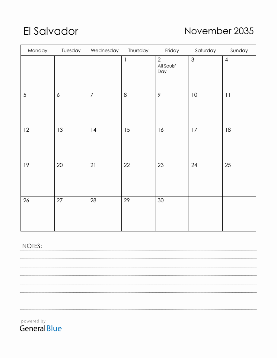 November 2035 El Salvador Calendar with Holidays (Monday Start)