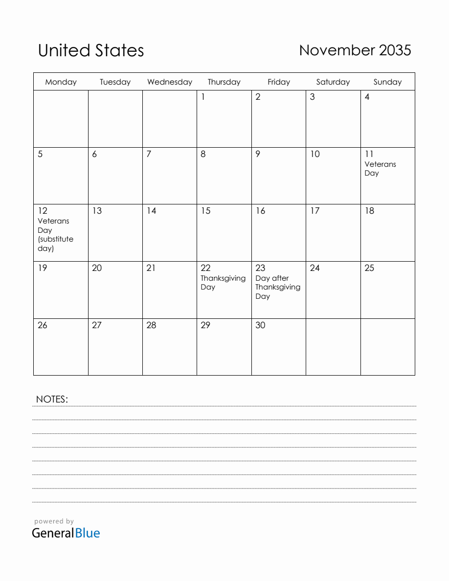 November 2035 United States Calendar with Holidays (Monday Start)