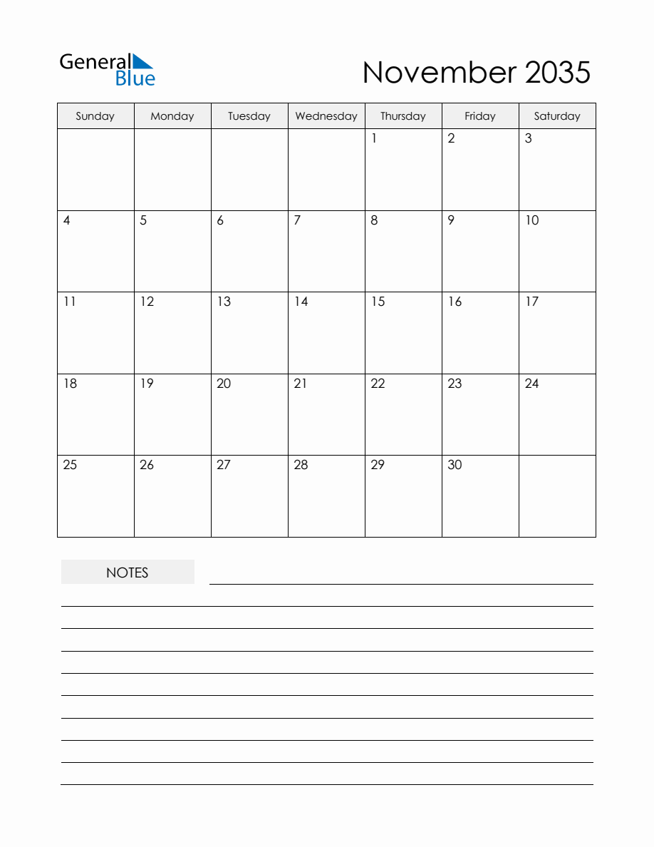 November 2035 Monthly Planner Calendar