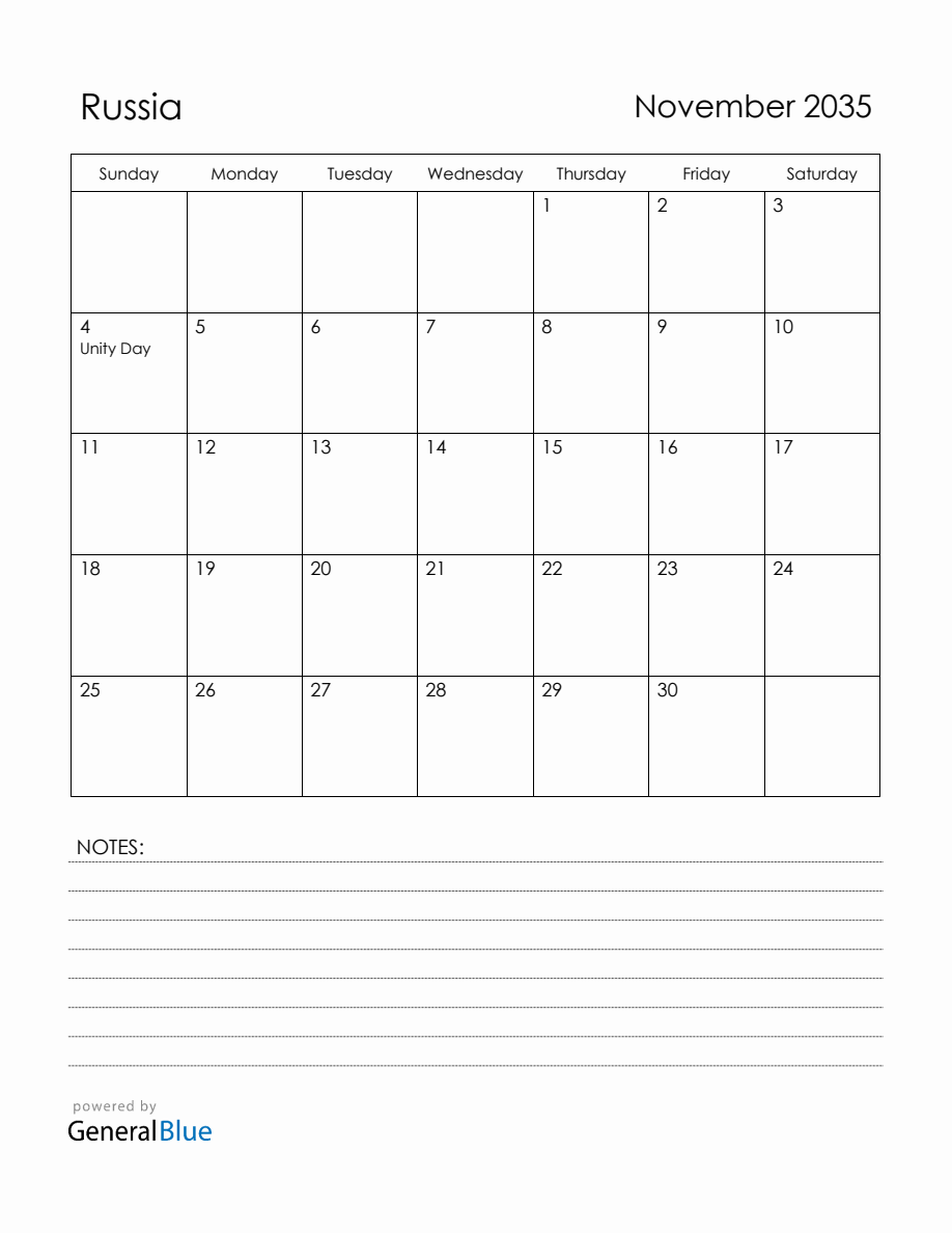 November 2035 Russia Calendar with Holidays