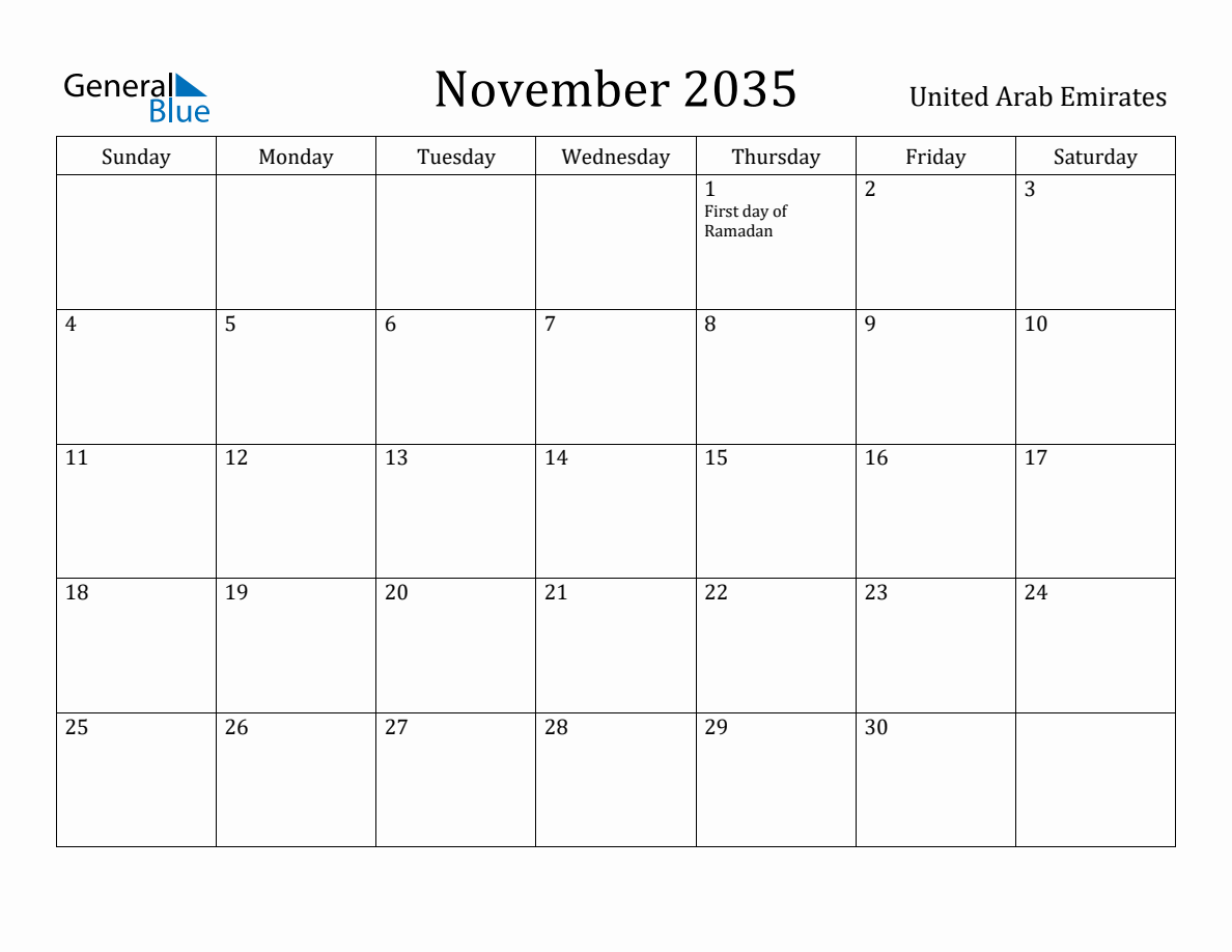 November 2035 Monthly Calendar with United Arab Emirates Holidays