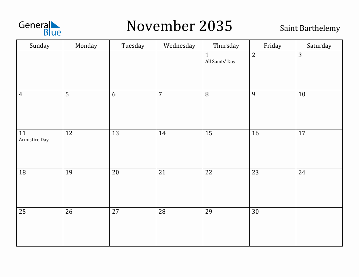 November 2035 Monthly Calendar with Saint Barthelemy Holidays