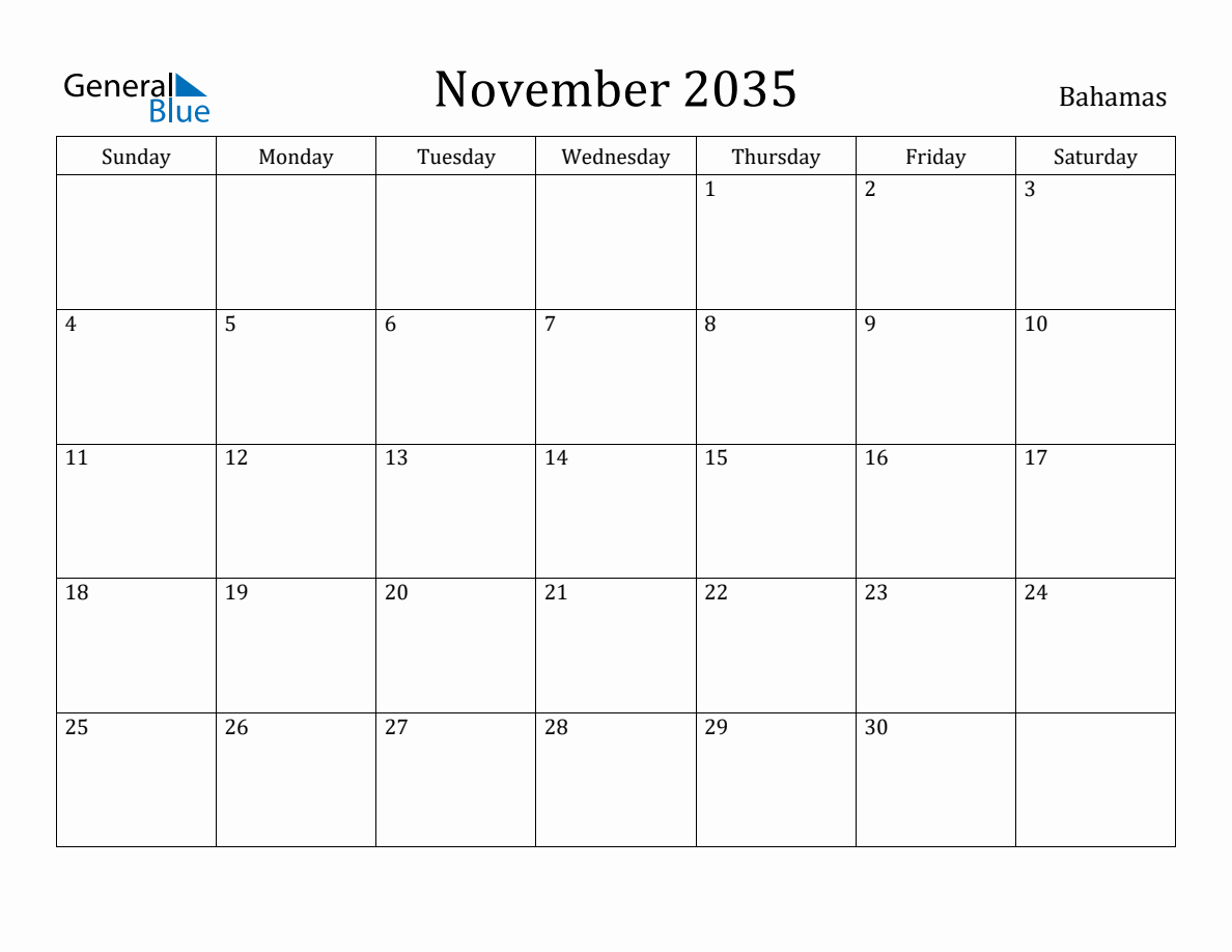 November 2035 Monthly Calendar with Bahamas Holidays