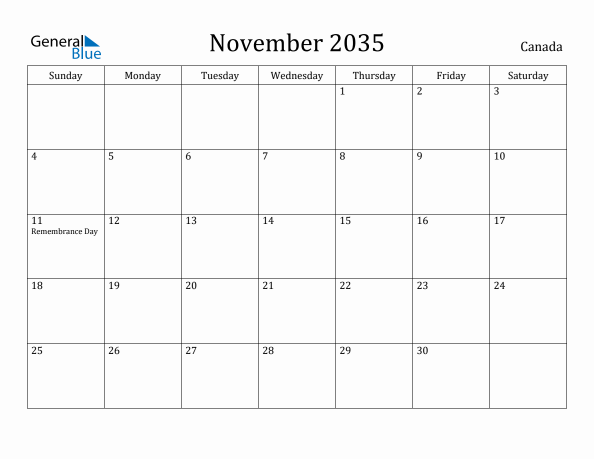 November 2035 Monthly Calendar with Canada Holidays