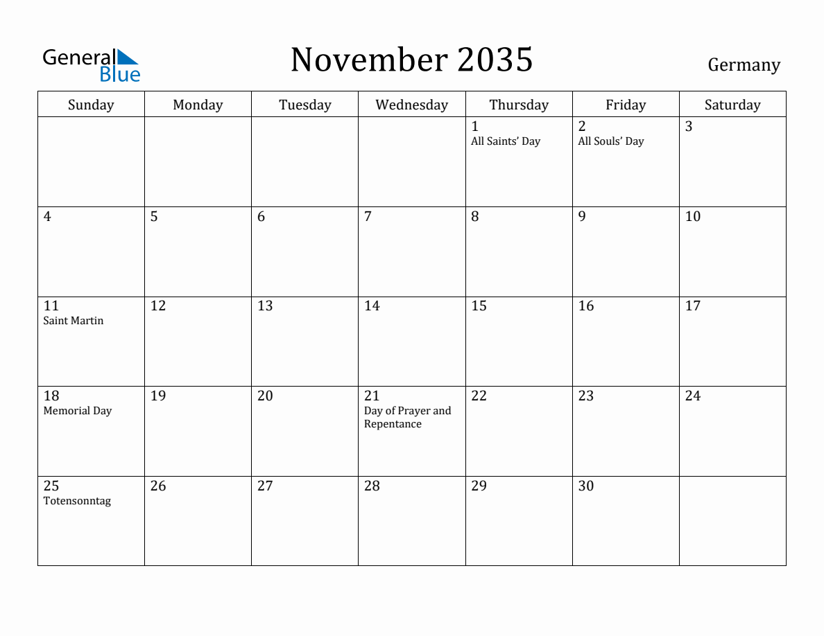 November 2035 Monthly Calendar with Germany Holidays