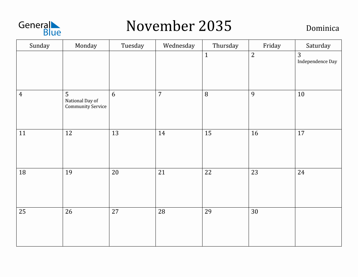 November 2035 Monthly Calendar with Dominica Holidays