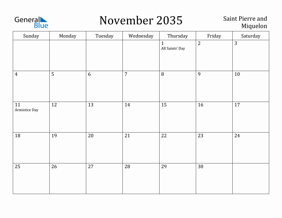 November 2035 Monthly Calendar with Saint Pierre and Miquelon Holidays