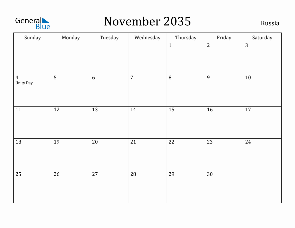 November 2035 Monthly Calendar with Russia Holidays