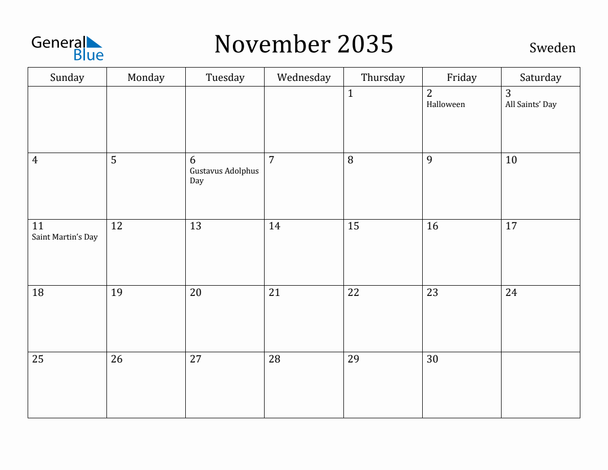November 2035 Monthly Calendar with Sweden Holidays