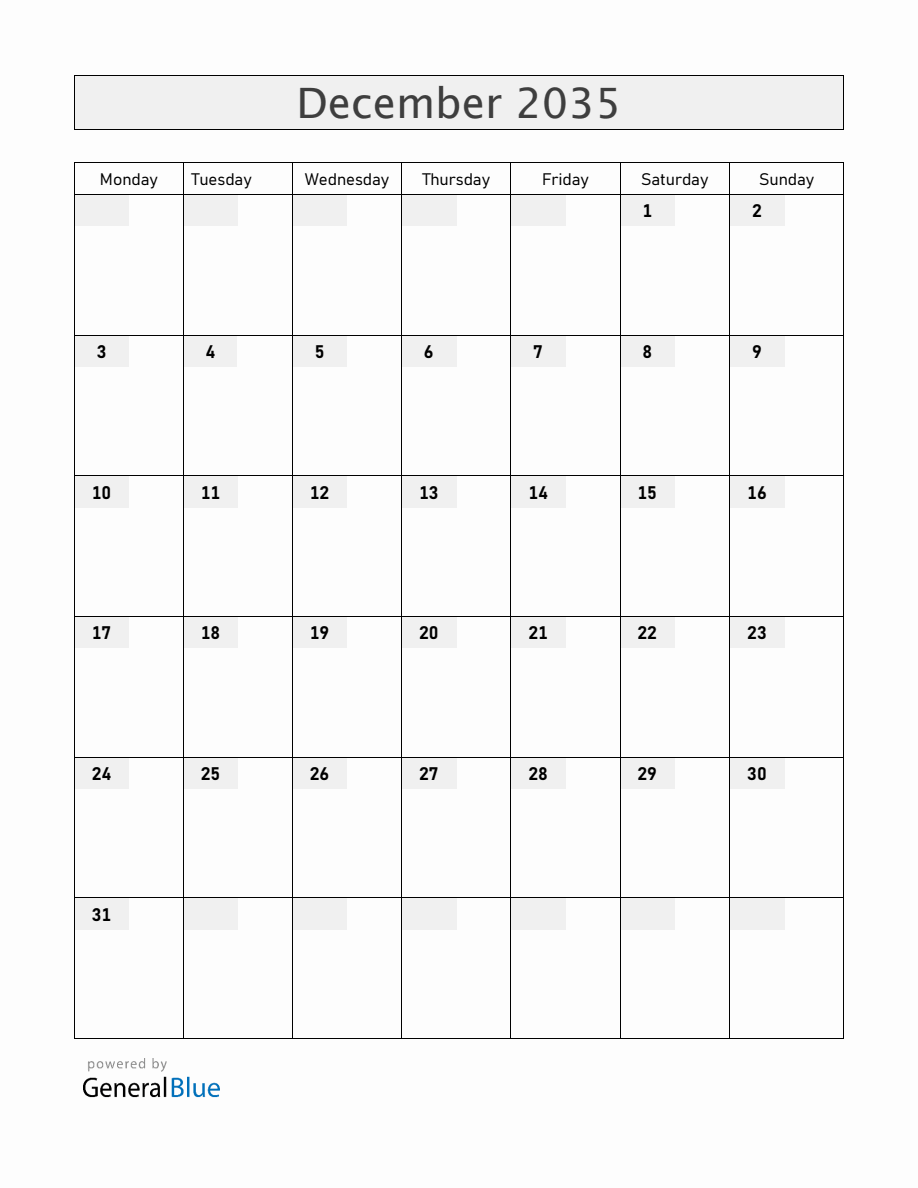 Blank December 2035 Calendar - Monday Start