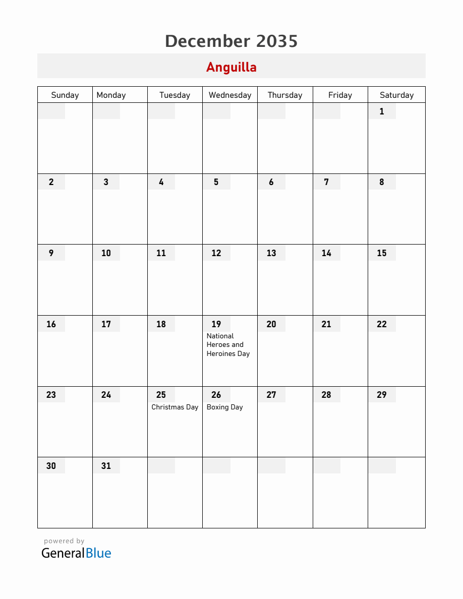 Anguilla December 2035 Calendar with Holidays