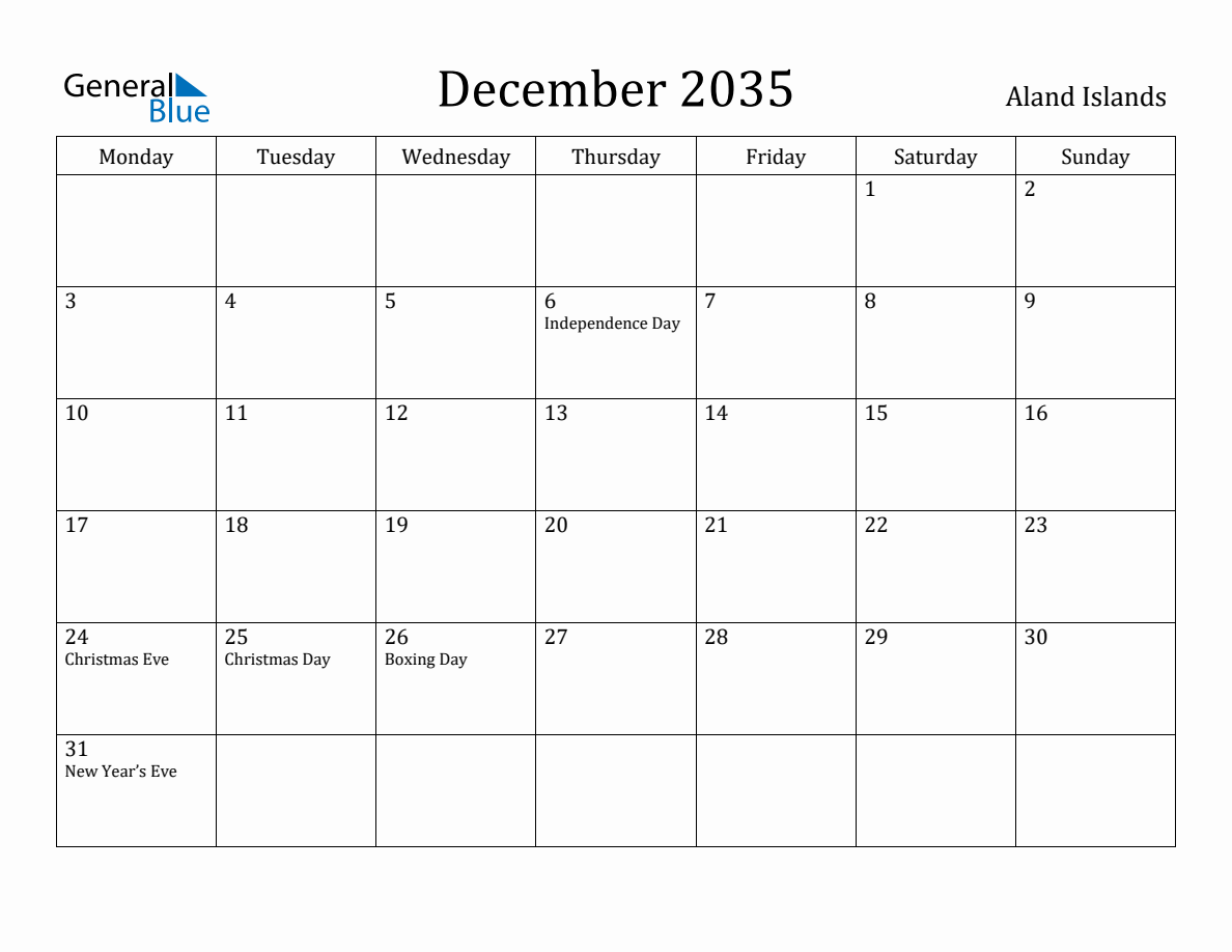 December 2035 - Aland Islands Monthly Calendar with Holidays