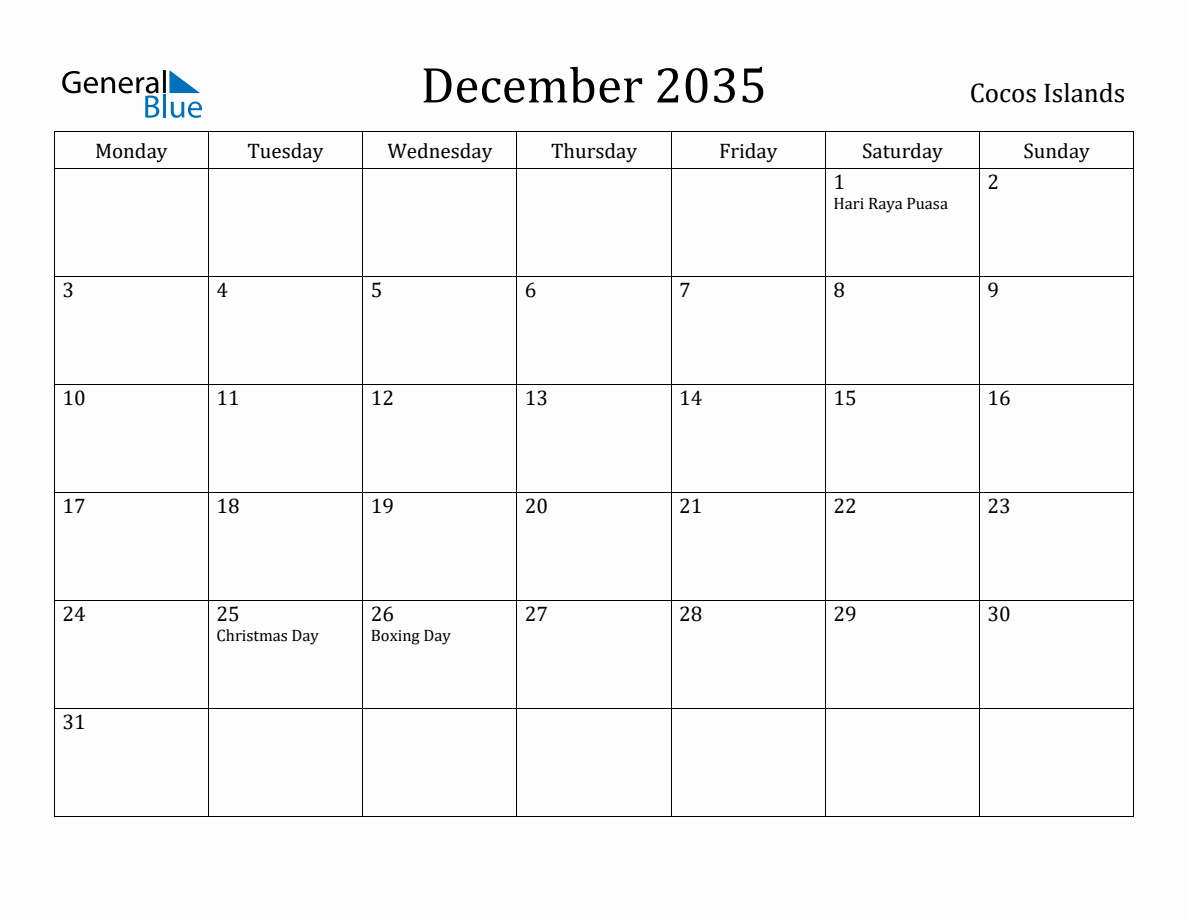 December 2035 Monthly Calendar with Cocos Islands Holidays