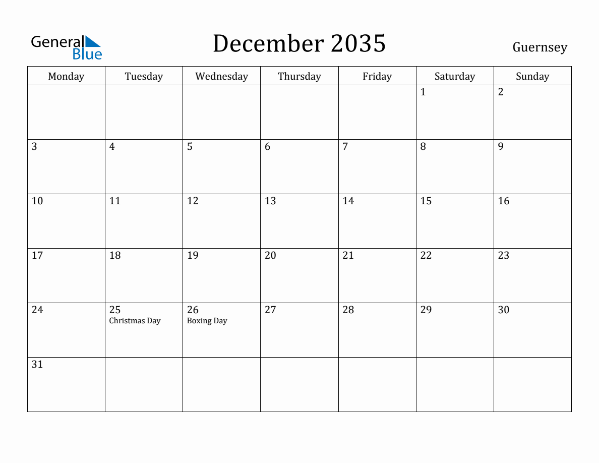 December 2035 - Guernsey Monthly Calendar with Holidays