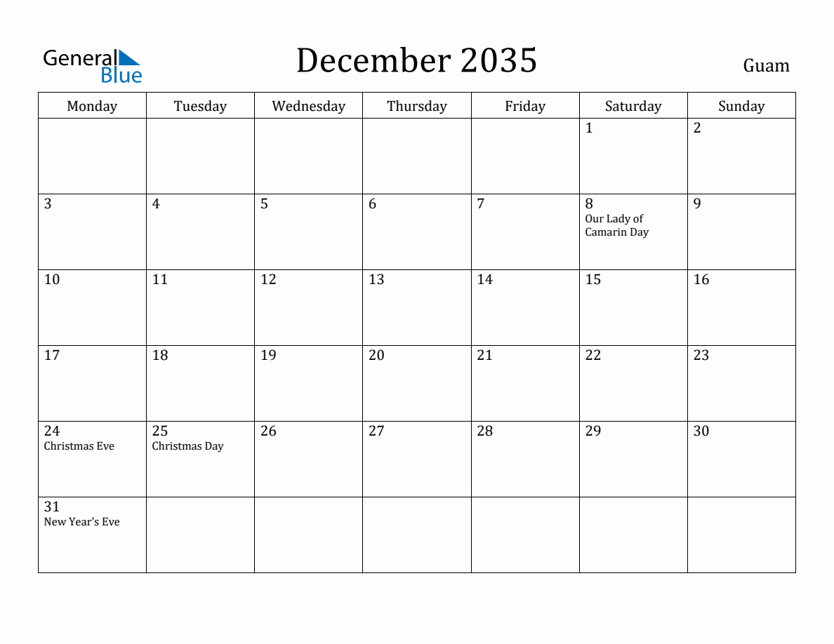 December 2035 Monthly Calendar with Guam Holidays