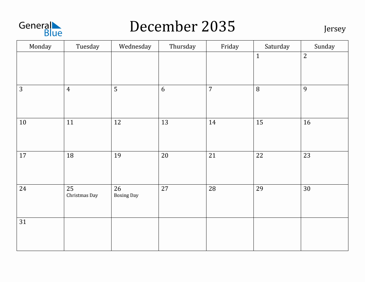 December 2035 Monthly Calendar with Jersey Holidays