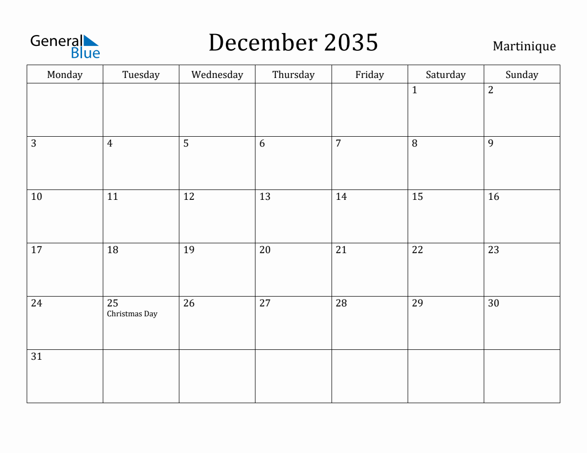 December 2035 Monthly Calendar with Martinique Holidays (Monday Start)