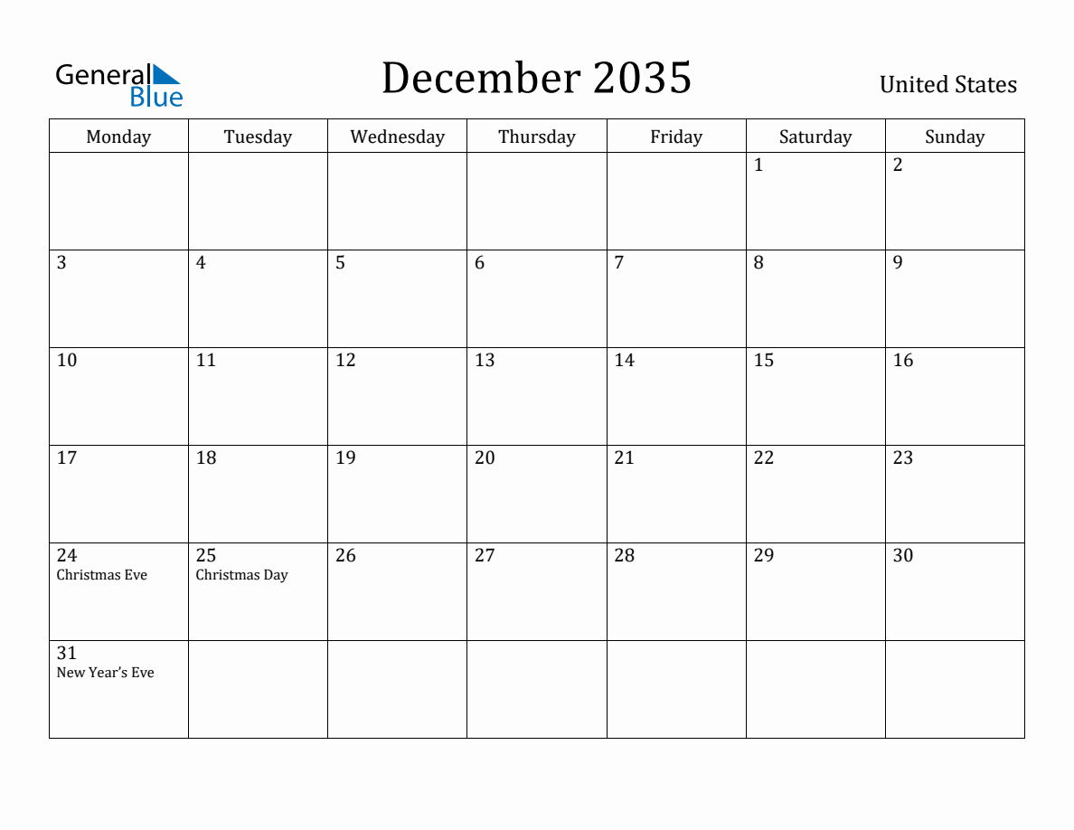 United States Monthly Calendar - December 2035 (Monday Start)