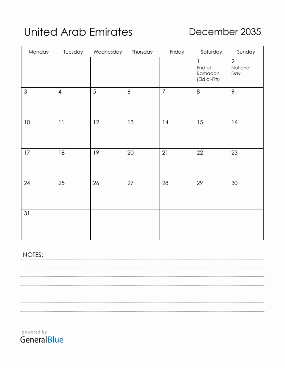 December 2035 United Arab Emirates Calendar with Holidays
