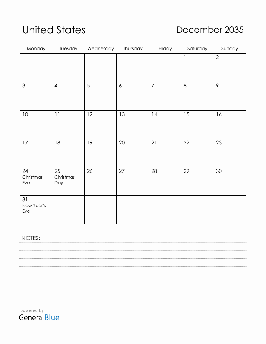 December 2035 United States Calendar with Holidays (Monday Start)
