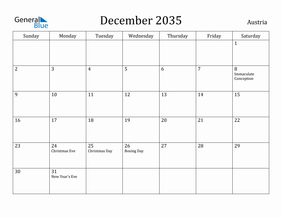 December 2035 Monthly Calendar with Austria Holidays