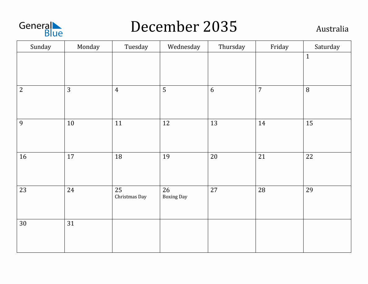 December 2035 Monthly Calendar with Australia Holidays