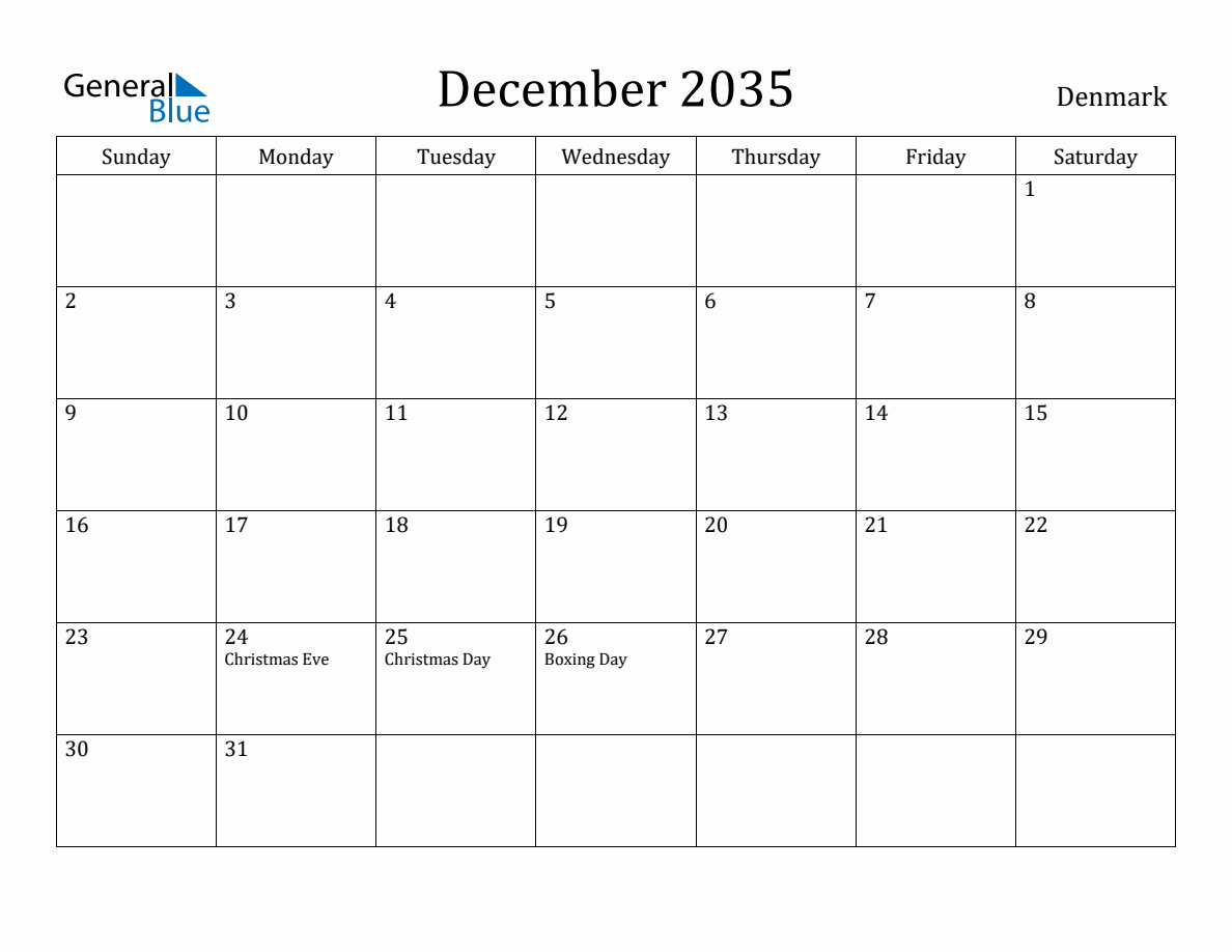 December 2035 Monthly Calendar with Denmark Holidays