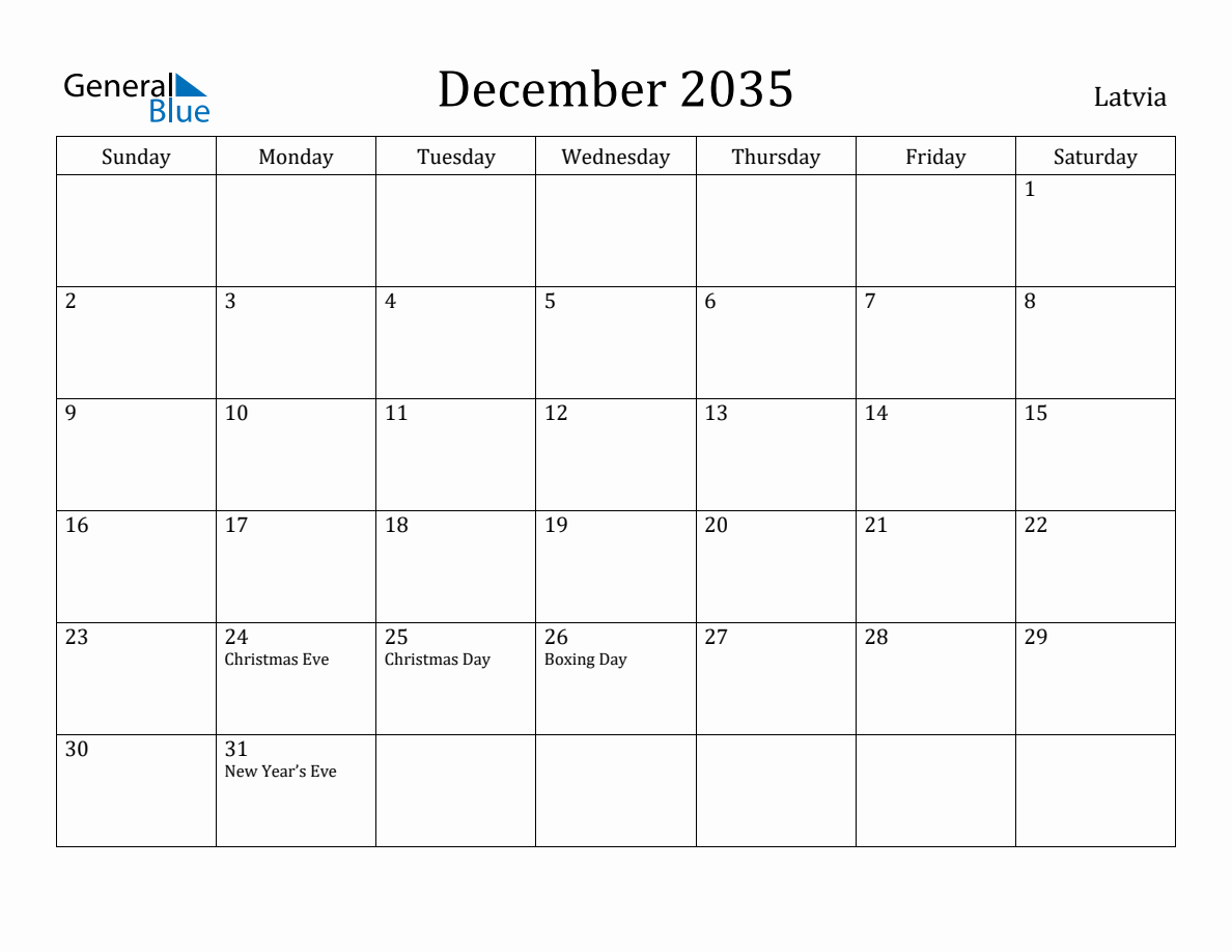 December 2035 Monthly Calendar with Latvia Holidays