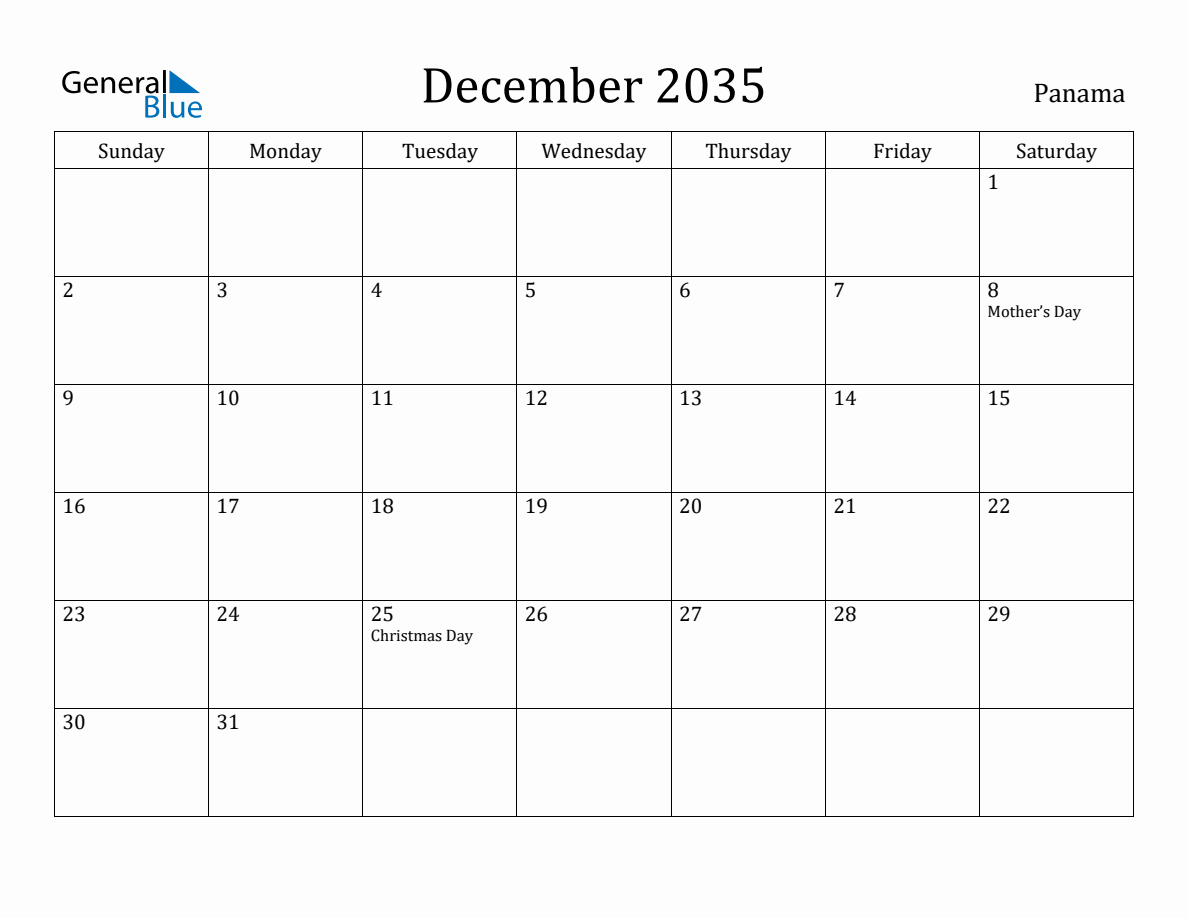 December 2035 Monthly Calendar with Panama Holidays