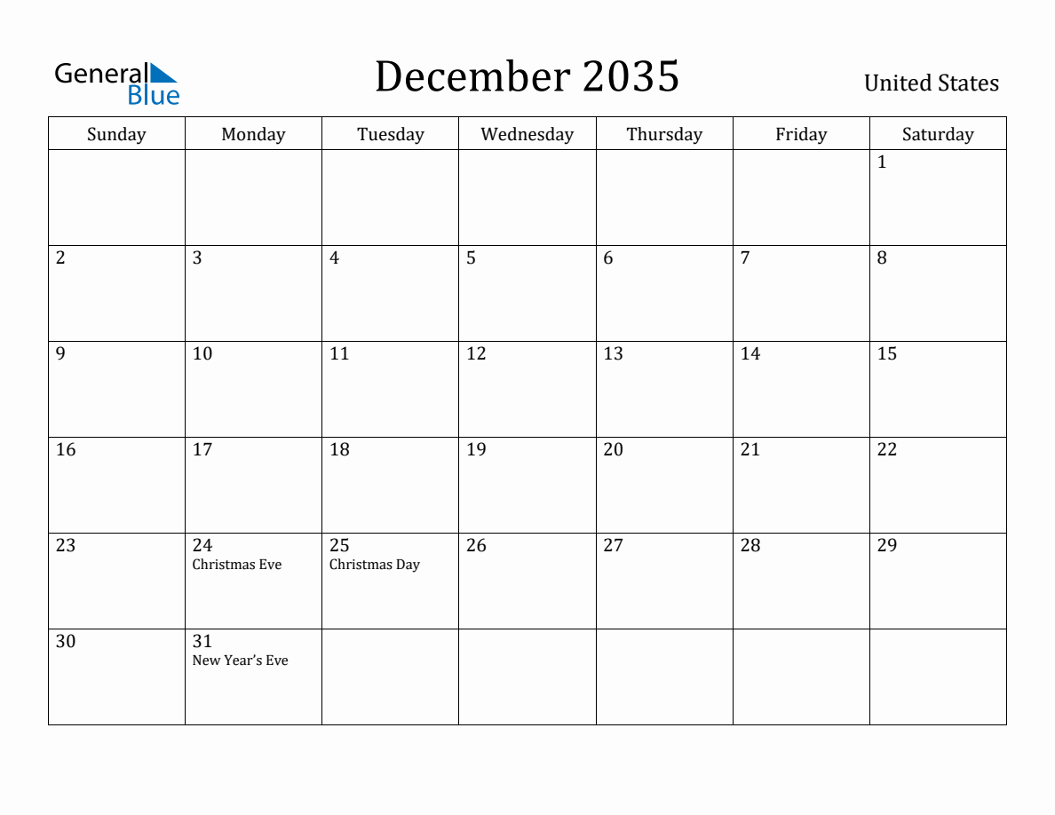 December 2035 Monthly Calendar with United States Holidays
