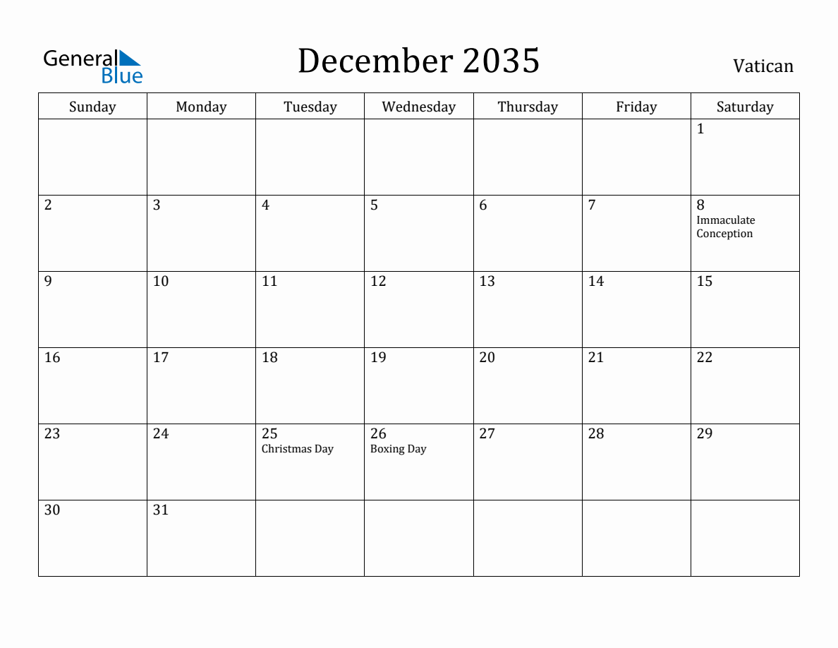 December 2035 Monthly Calendar with Vatican Holidays