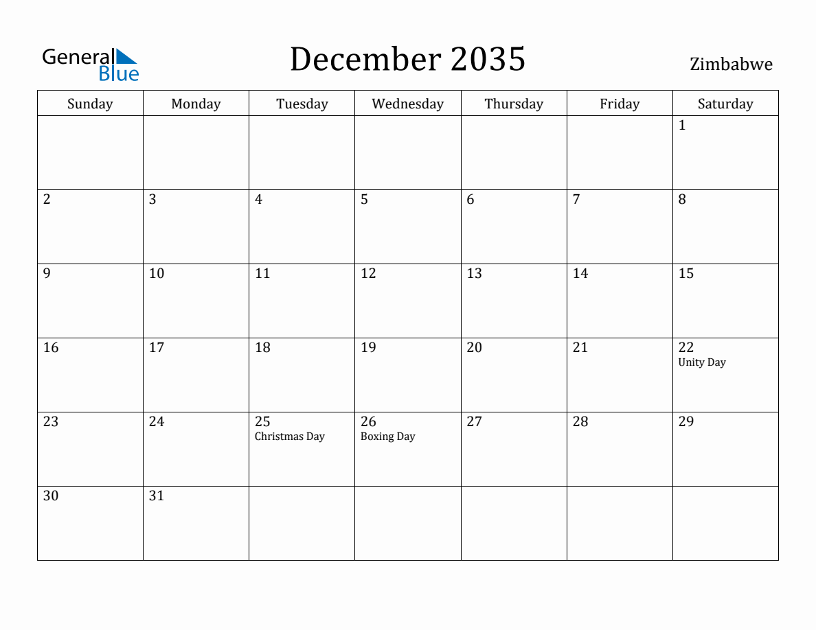 December 2035 Monthly Calendar with Zimbabwe Holidays